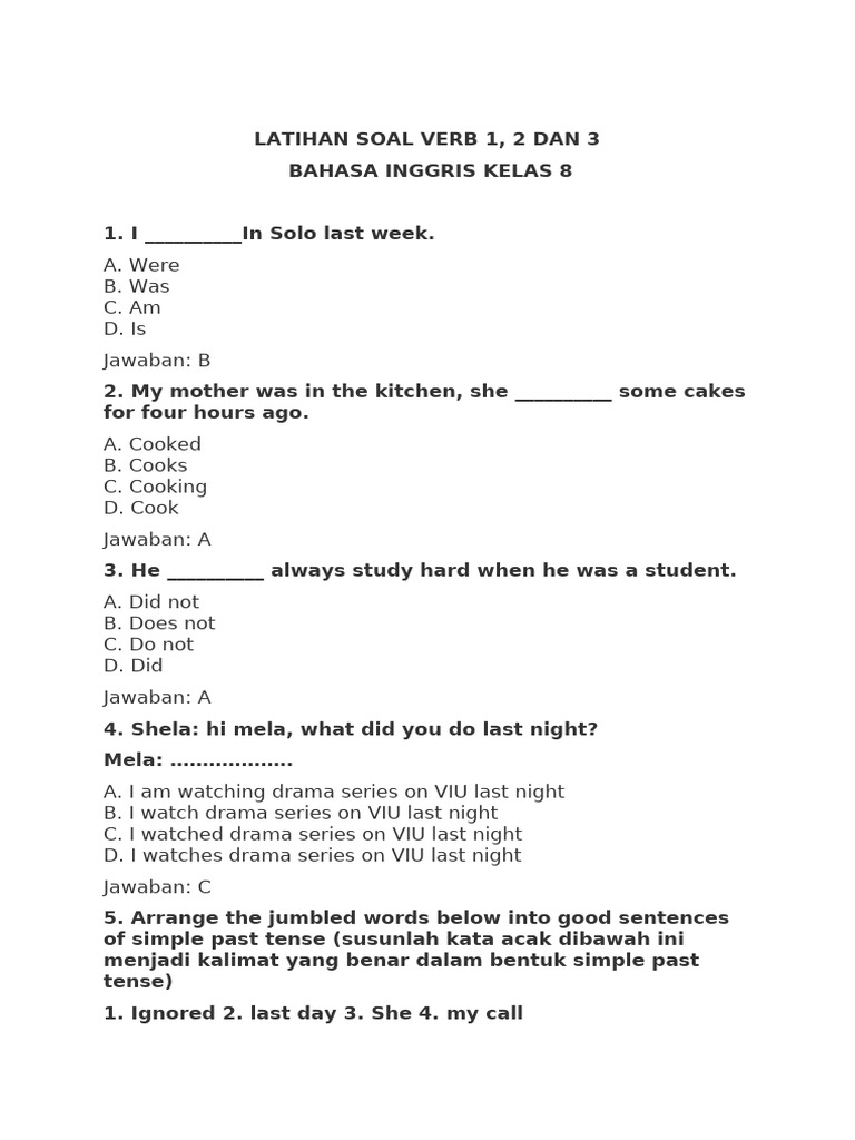 Latihan Soal B.ing Kelas 8 Verb 1, 2 Dan 3 | PDF