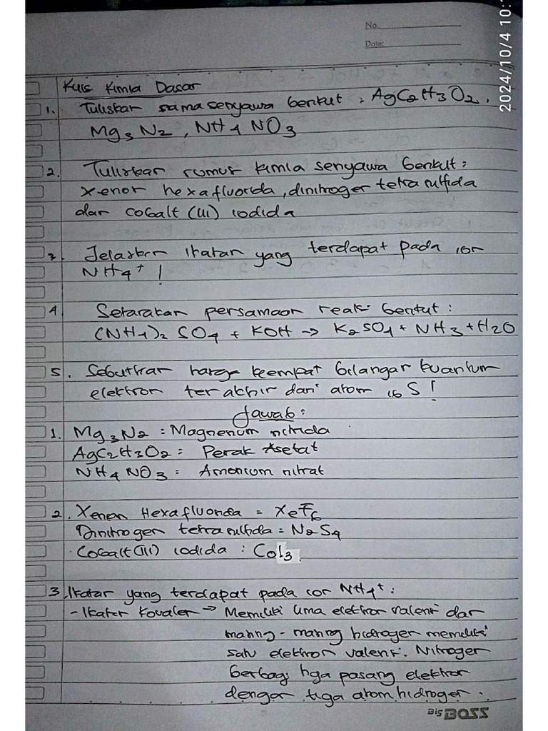 Kuis Kimia Dasar Alfandi Faiz Prasetyo K1C024076 Fisika A | PDF