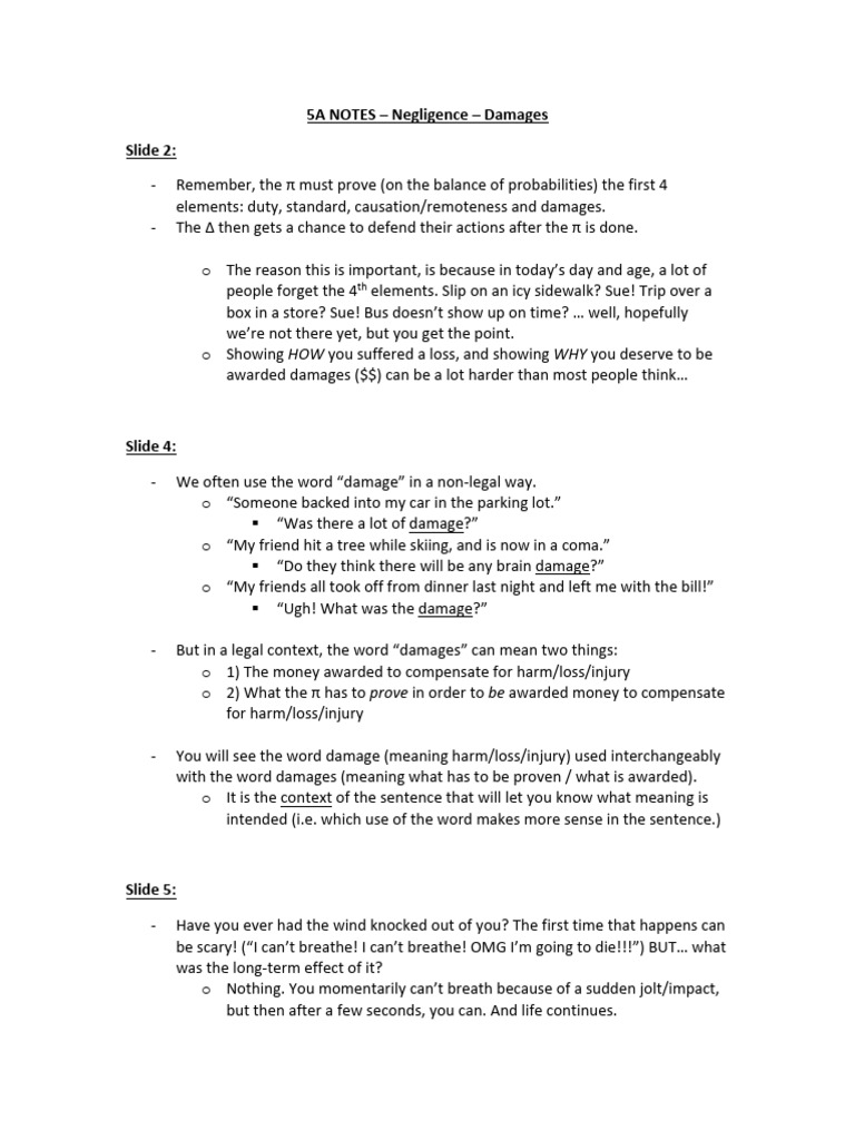 5A NOTES - Negligence - Damages | PDF | Damages | Legal Liability