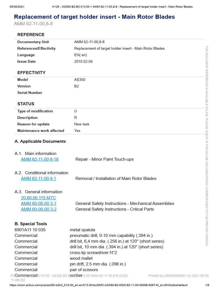 H125 - AS350 B2-B3 013.00 - AMM 62-11-00,8-8 - Replacement of Target ...