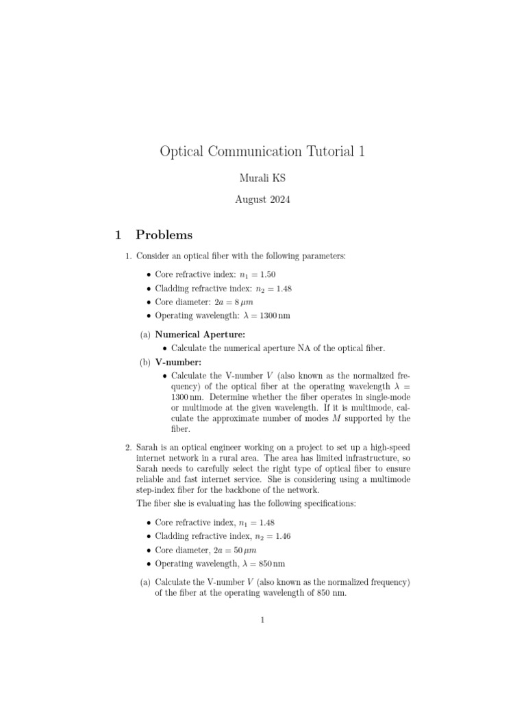 Tutorial 1 | PDF | Dispersion (Optics) | Optical Fiber