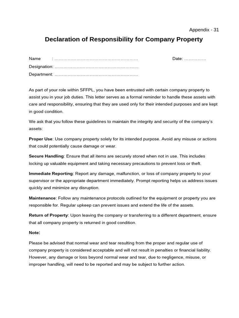 Appendix - 31 Declaration of Responsibility For Company Property | PDF ...