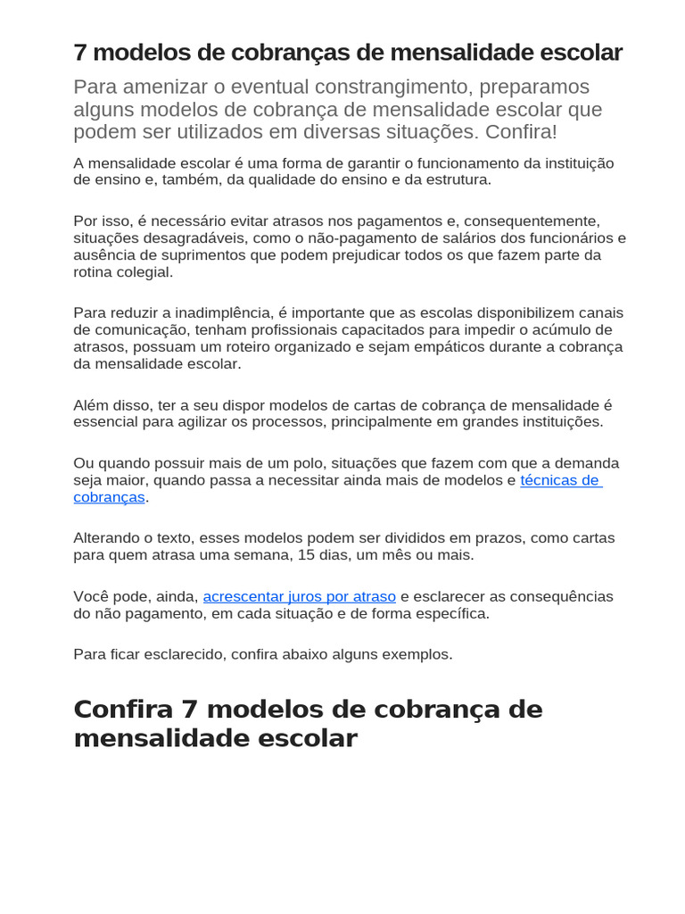 7 Modelos de Cobranças de Mensalidade Escolar | PDF