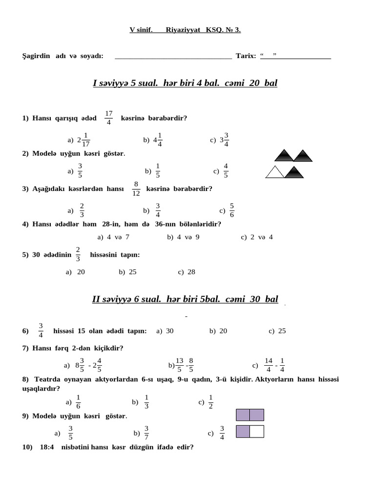 5 Sinif Riyaziyyat KSQ - 3 | PDF