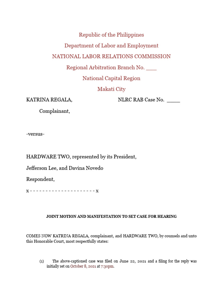 Joint Motion for Hearing in NLRC Case | PDF | Affidavit | Registered Mail