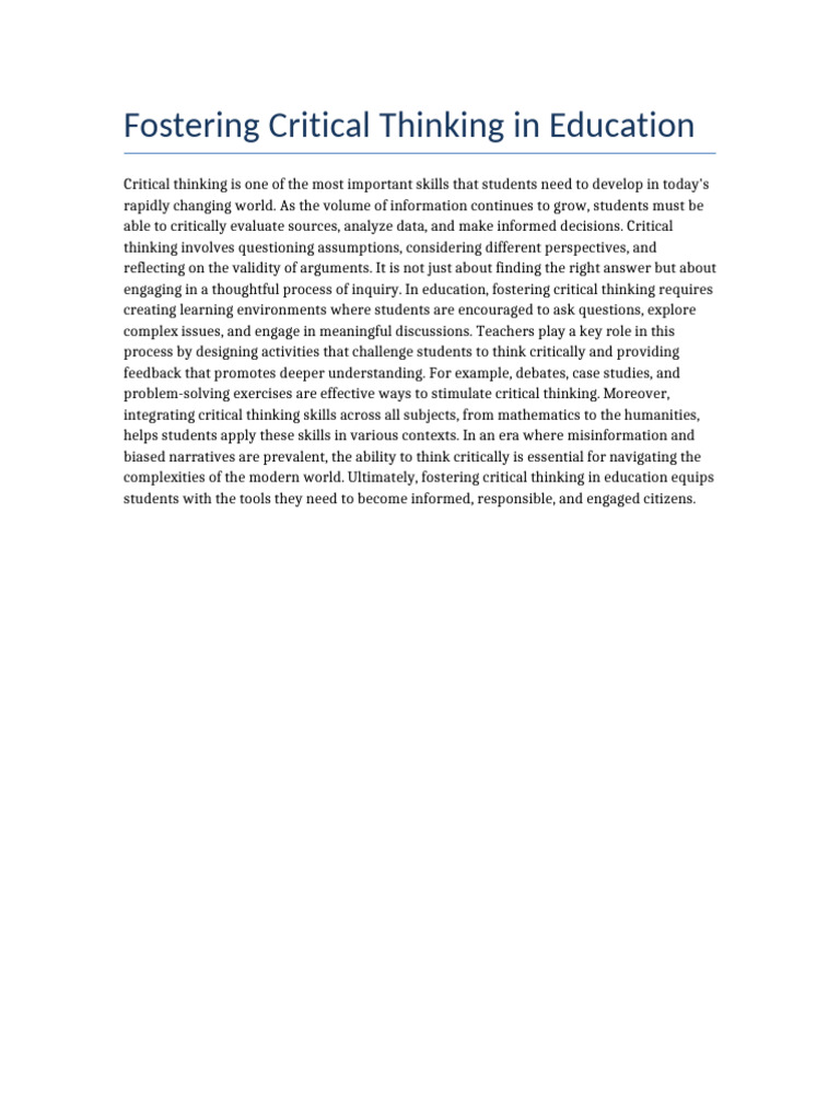 Fostering Critical Thinking in Education | PDF