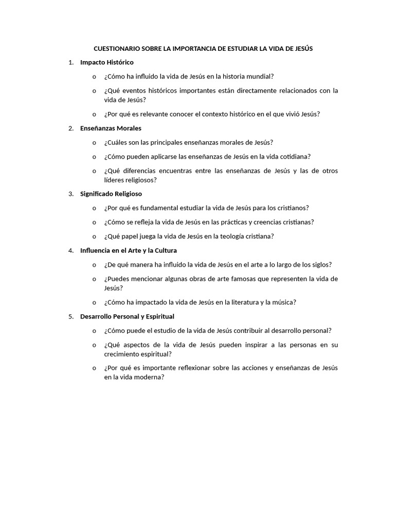 Cuestionario Sobre La Importancia de Estudiar La Vida de Jesús | PDF Cuestionario Sobre La Importancia de Estudiar La Vida de Jesús | PDF