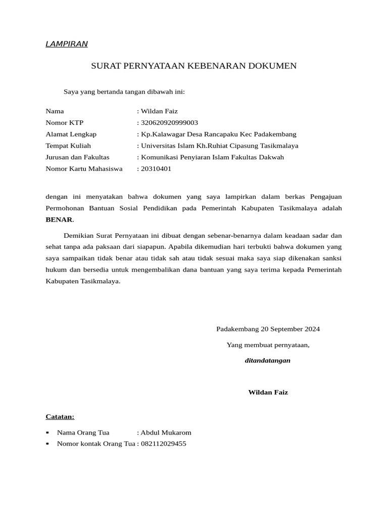 Lampiran Surat Pernyataan Kebenaran Dokumen | PDF