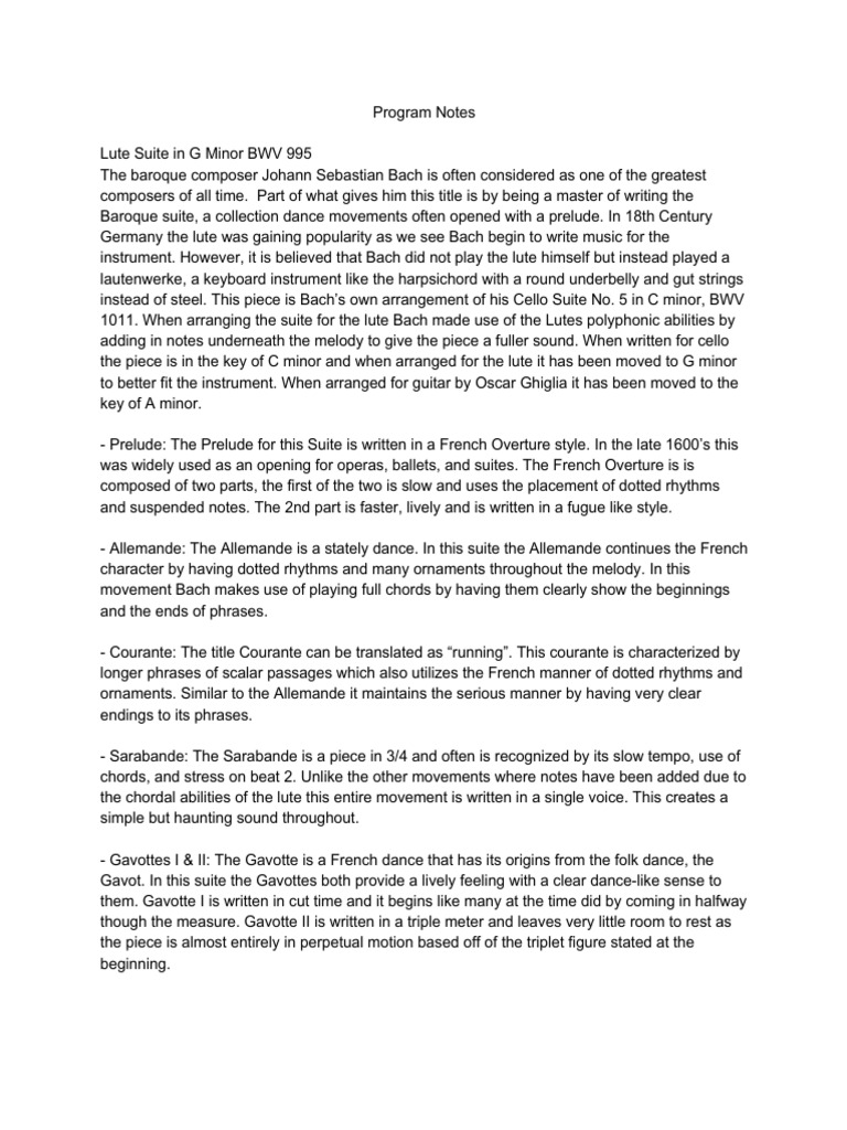 Program Notes For Recital | PDF | Suite (Music) | Johann Sebastian Bach