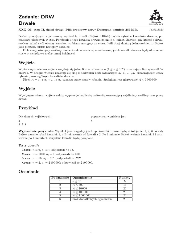 Zadanie: DRW Drwale: Wejście | PDF