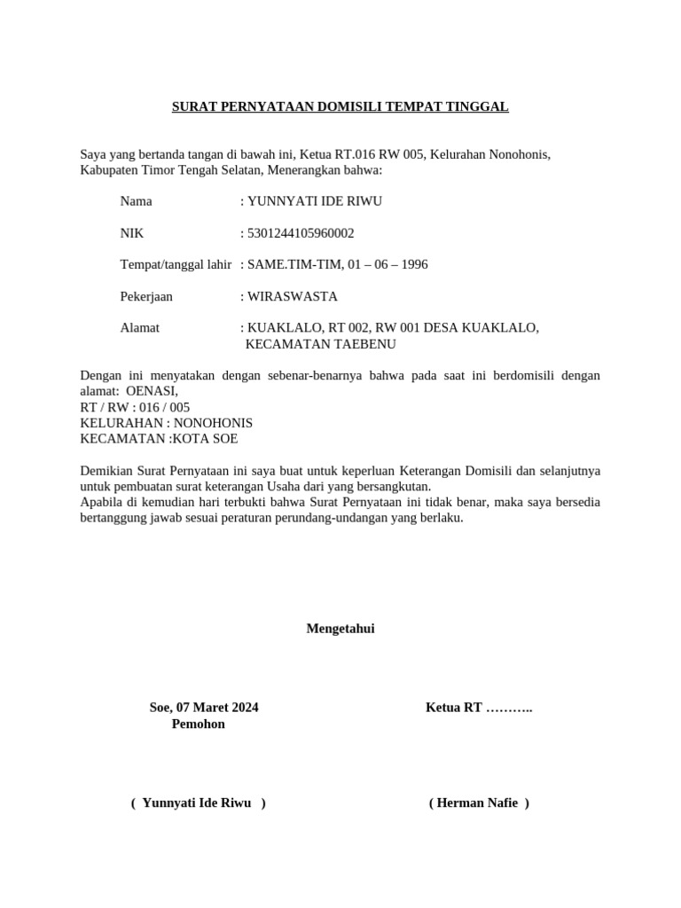 Surat Pernyataan Domisili Tempat Tinggal | PDF