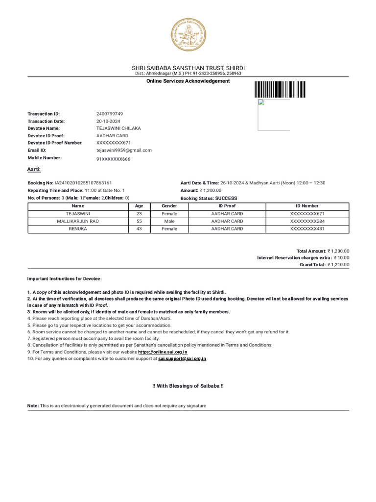 Shri Saibaba Sansthan Trust, Shirdi(Offical Booking Portal) | PDF ...