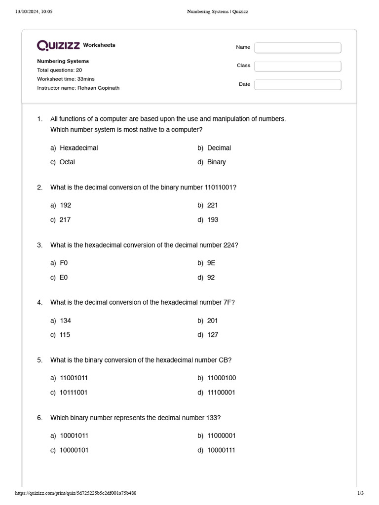 Computer Numbering Systems Quiz | PDF | Numbers | Computer Engineering