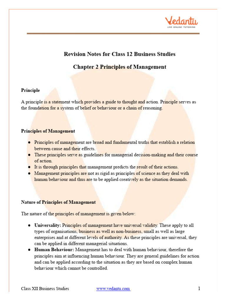 Business Studies Chapter 2 Principles of Management Class 12 Notes PDF ...
