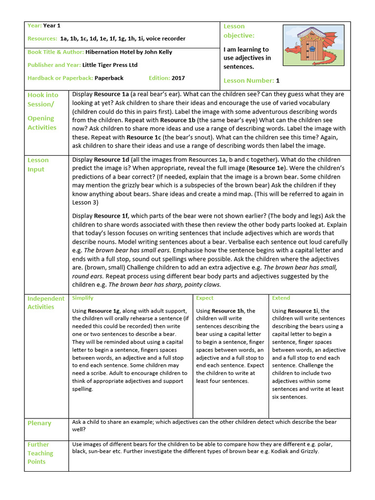 Hibernation Hotel by John Kelly 5-7 - Lesson Plans | PDF | Adjective ...