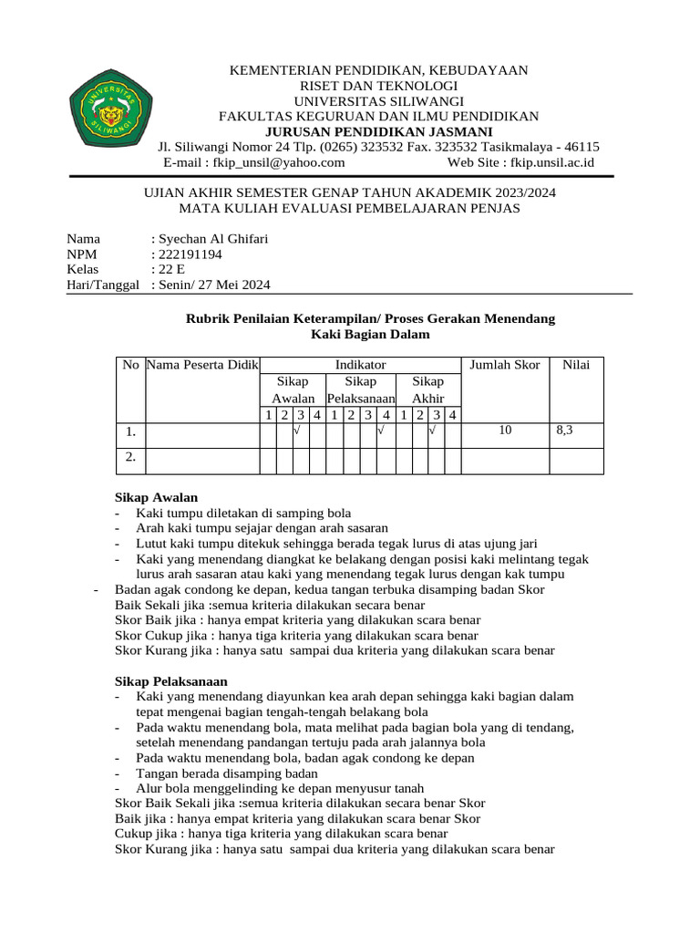 194 Syechan A.G E UAS Evaluasi Pembelajaran Penjas | PDF