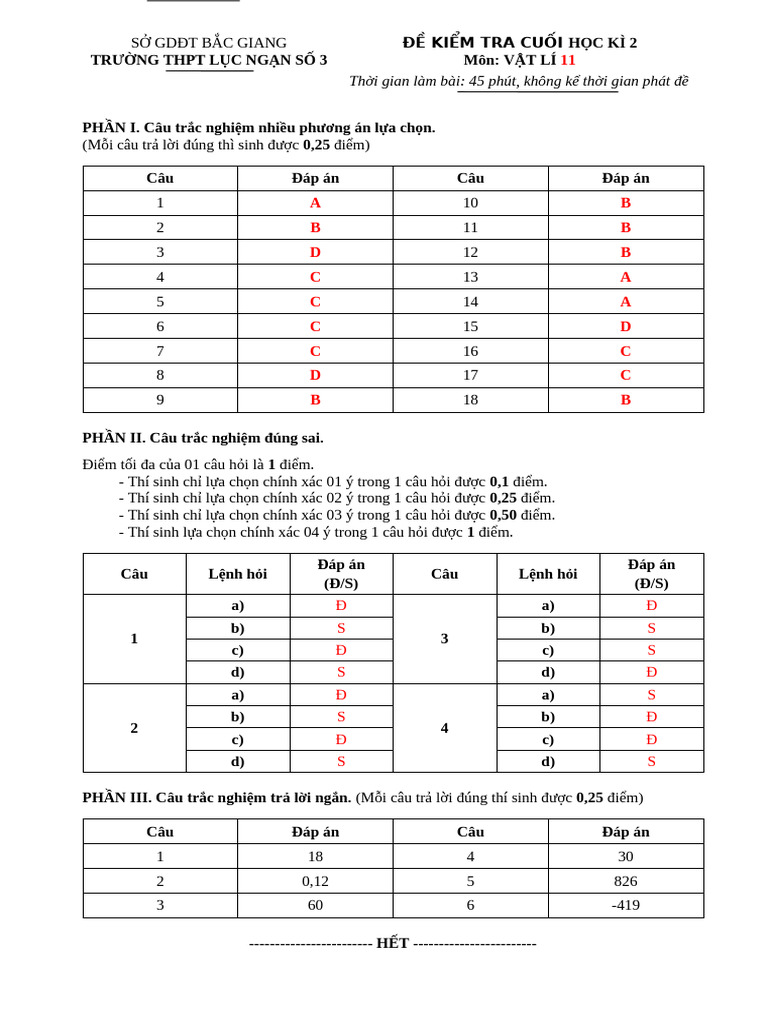 L C NG N 3 - Dap An de Kiem Tra Lop 11 | PDF