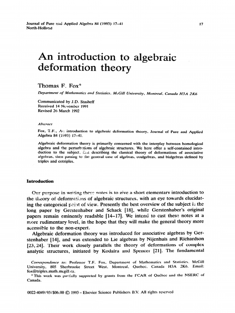 An Introduction To Algebraic Deformation Theory: Thomas F. Fox | PDF ...
