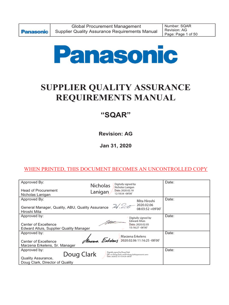 PANASONIC SUPPLIER QUALITY ASSURANCE REQUIREMENTS MANUAL | PDF | Audit ...