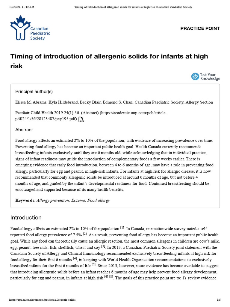 Timing of Introduction of Allergenic Solids For Infants at High Risk ...