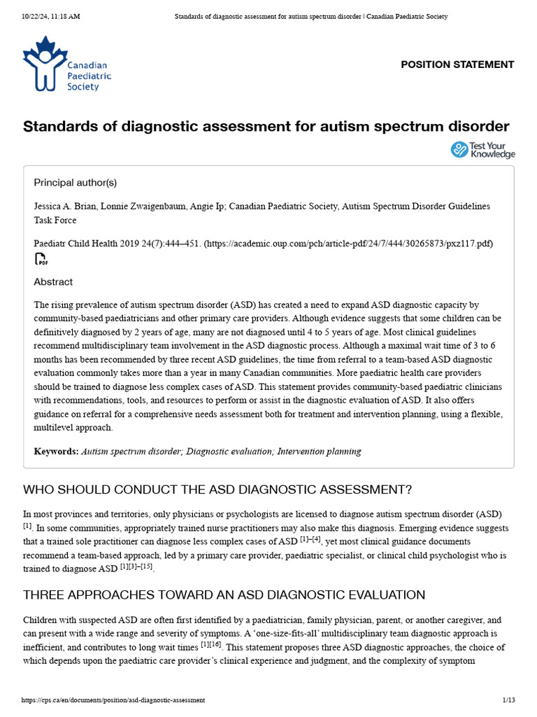 Standards of Diagnostic Assessment For Autism Spectrum Disorder ...