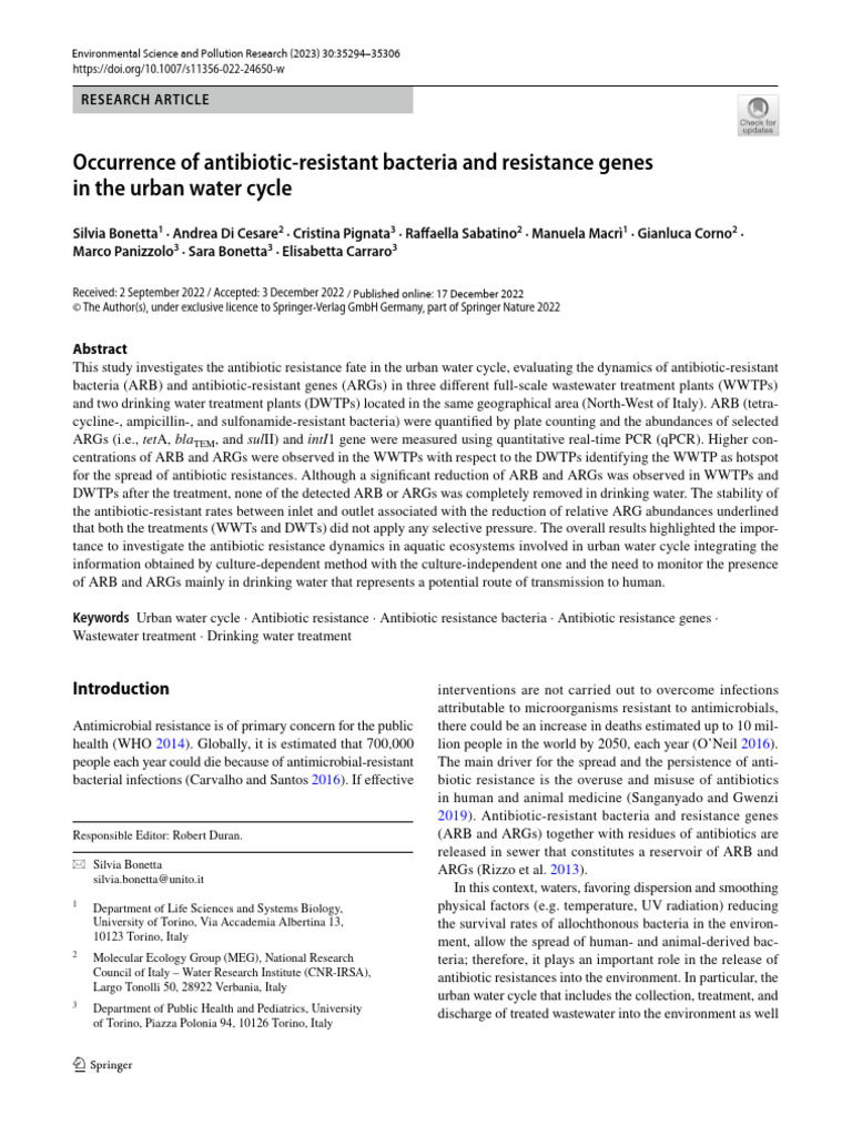 BONETTA Et Al 2021 - Occurrence of Antibiotic-Resistant Bacteria and Resistance Genes in The ...