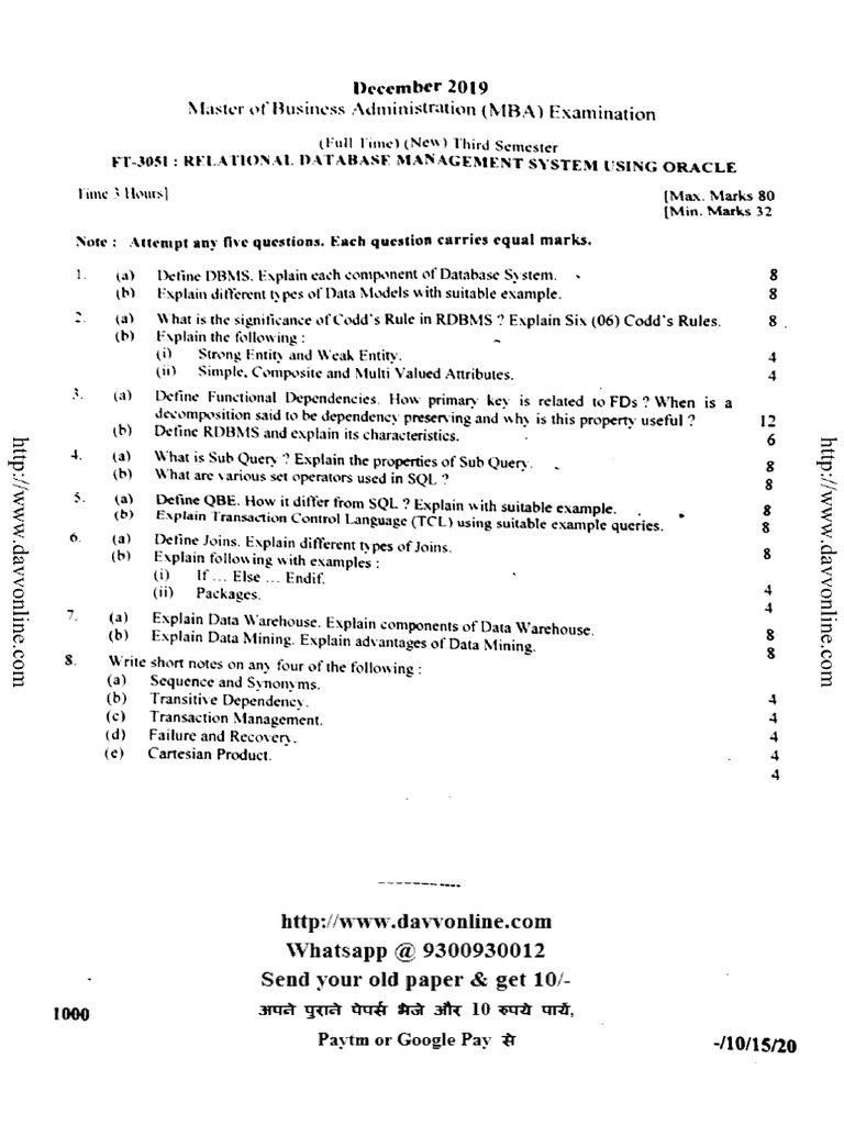 Mba 3 Sem Relational Database Management System Using Oracle Dec 2019 | PDF