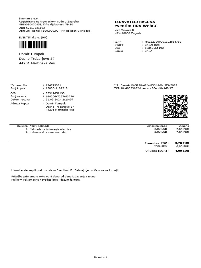 Damir Tumpak Desno Trebarjevo 87 44201 Martinska Ves: Eventim HRV Webcc | PDF