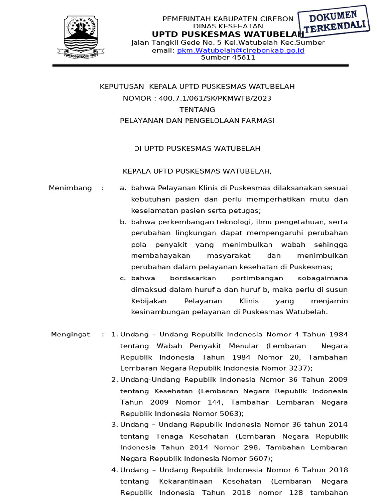 SK Pelayanan Dan Pengelolaan Farmasi PKM WTB 2023 | PDF