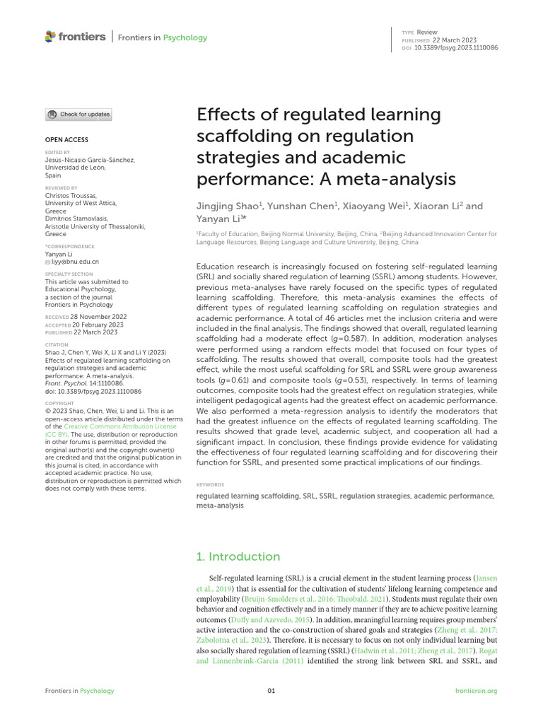 Effects of Regulated Learning Scaffolding On Regul | PDF | Effect Size | Metacognition