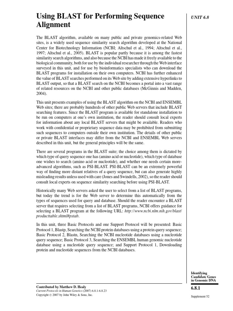 Using BLAST for Performing Sequence Alignment | PDF | National Center For Biotechnology ...