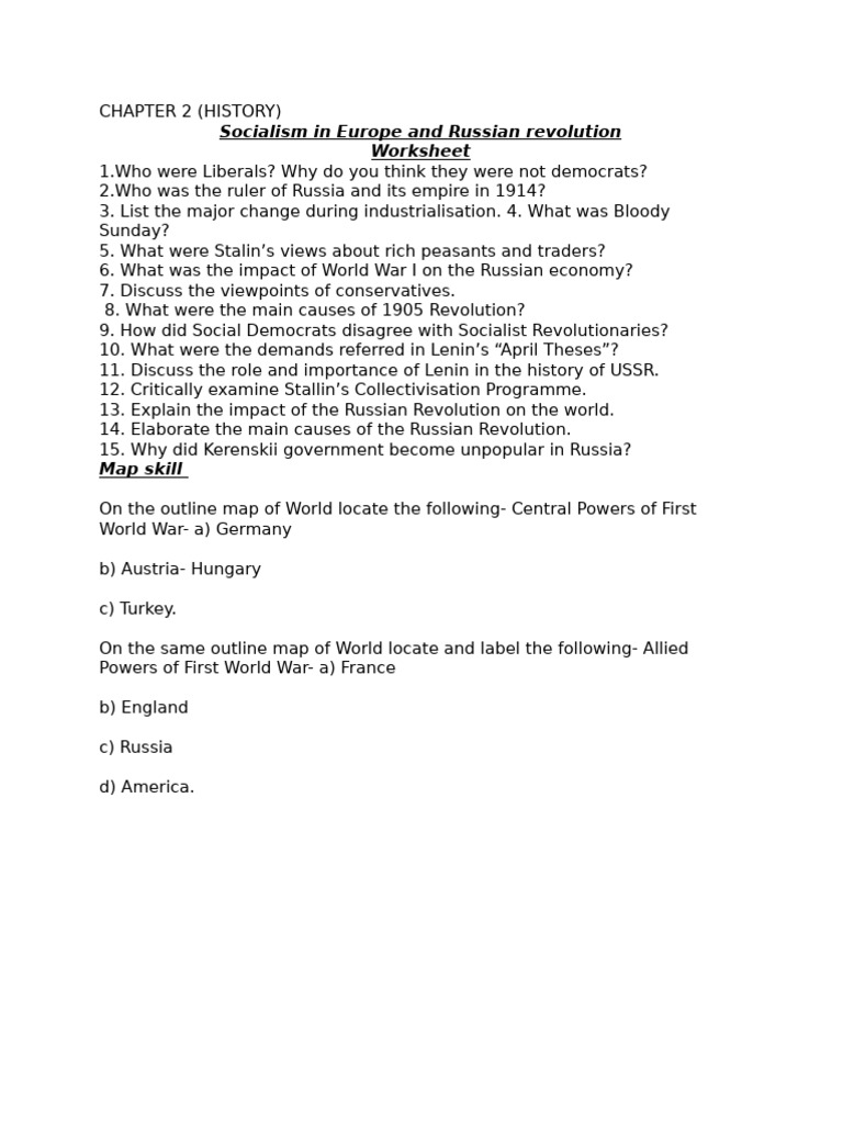 Worksheet On Socialism in Europe and Russian Revolution | PDF