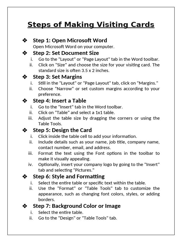 Steps of Making Visiting Cards | PDF