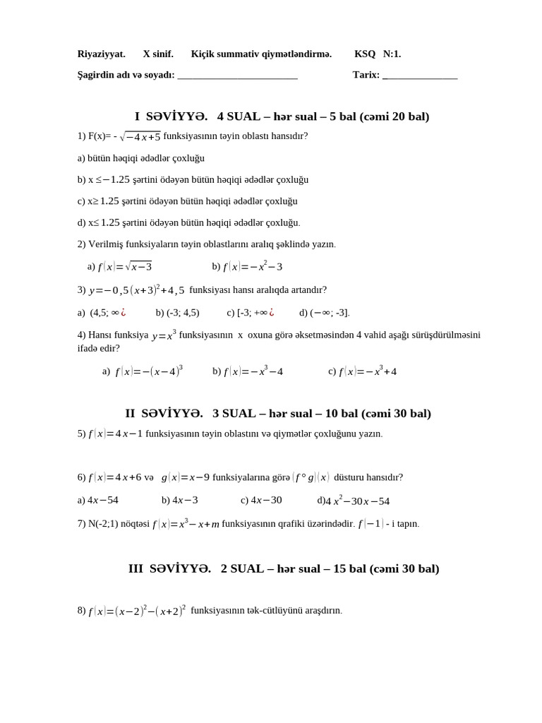 10 Sinif Riyaziyyat KSQ - 1 | PDF