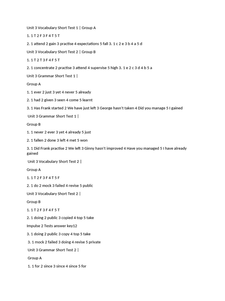 Unit 3 Vocabulary and Grammar Tests | PDF | Linguistics | Human ...