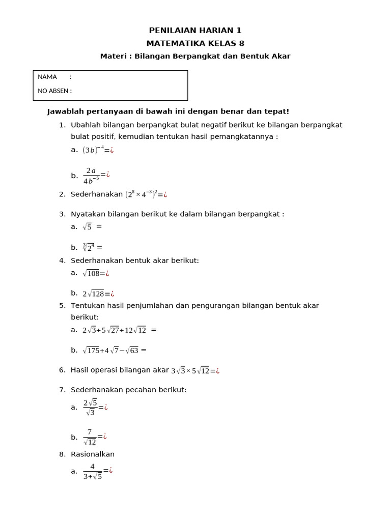 PH 1 MTK - 8 Bentuk Akar | PDF