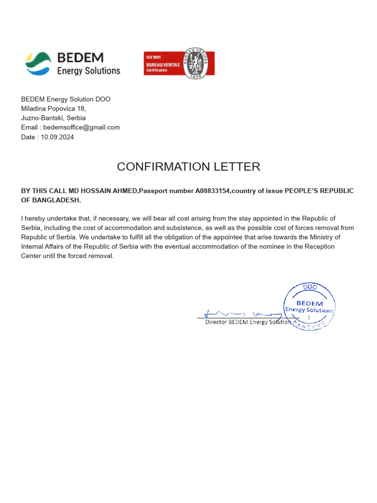 Serbia Work Permit Confirmation Letter | PDF | Business | Labor