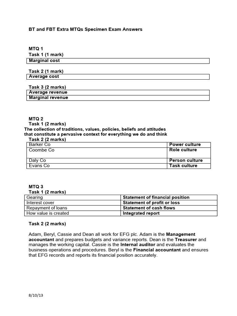 BT and FBT Extra MTQs Exam Answers | PDF | Performance Appraisal | Business