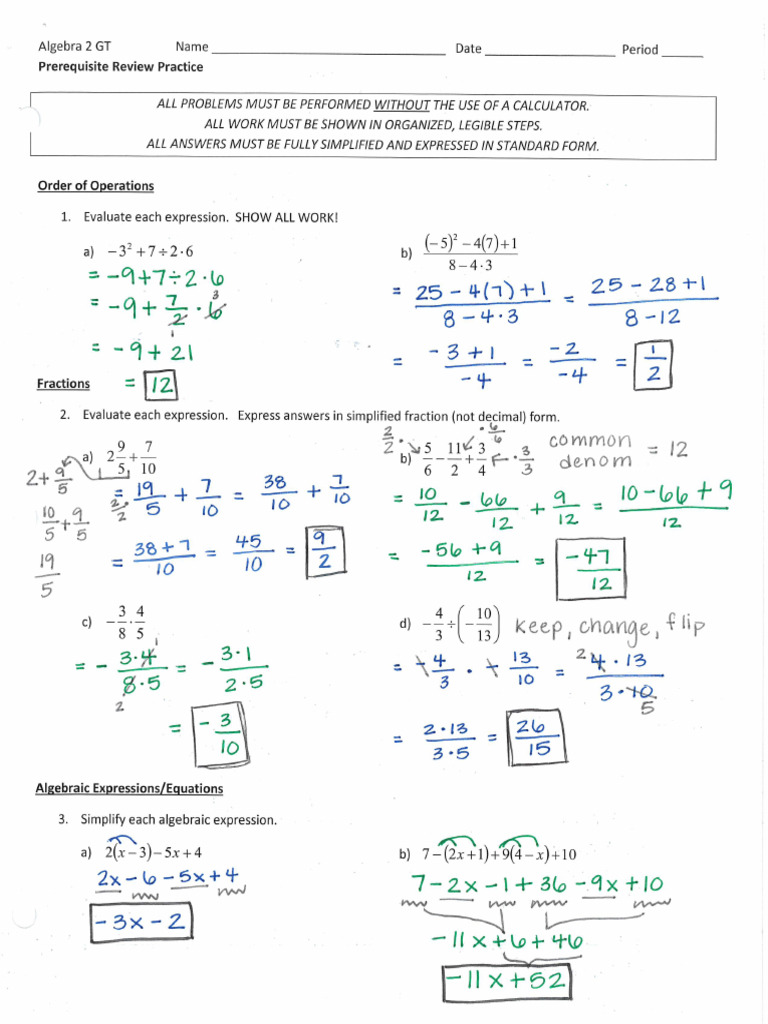 Algebra Prerequisite Review Packet KEY | PDF