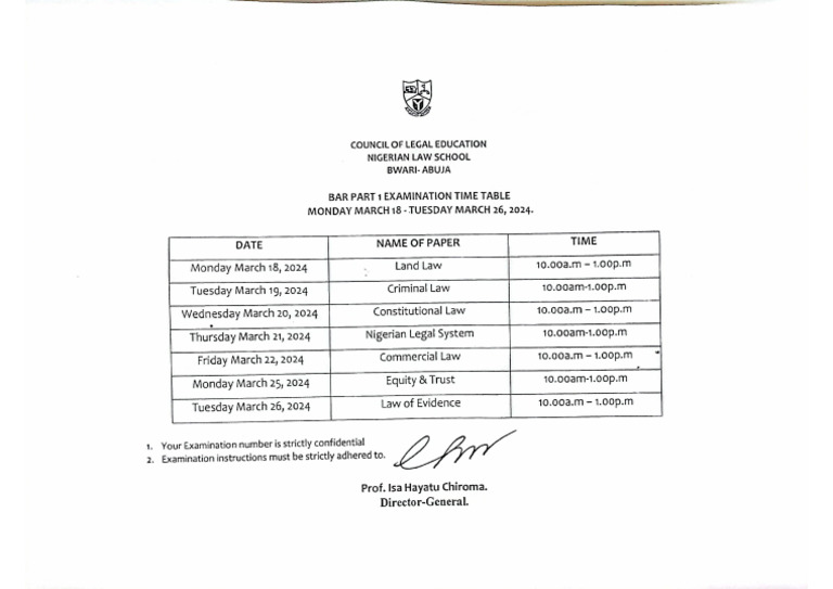 BAR PART 1 EXAMINATION TIME TABLE MARCH 2024-1 | PDF