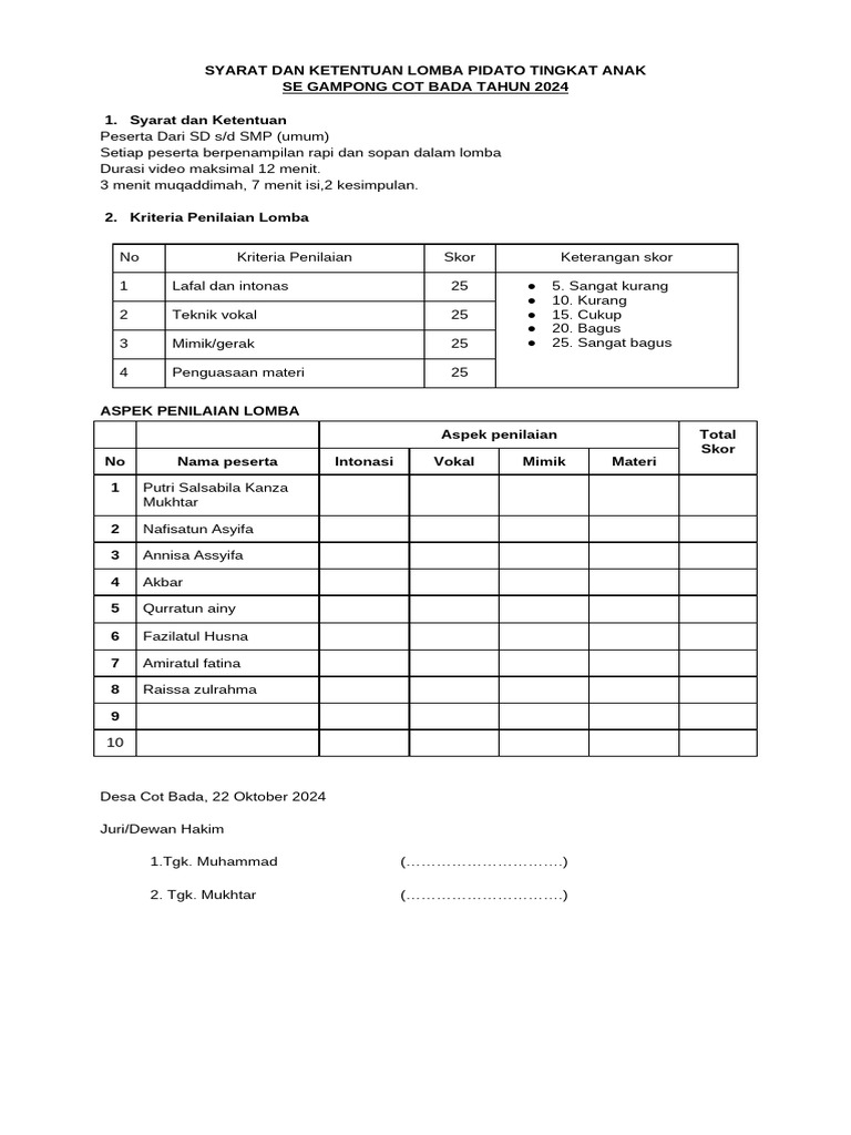 Form Penilaian Lomba Pidato | PDF Form Penilaian Lomba Pidato | PDF