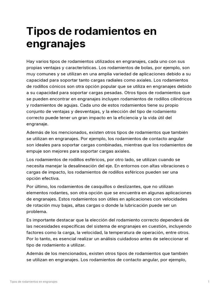 Tipos de Rodamientos en Engranajes | PDF | Engranaje | Ingeniería mecánica