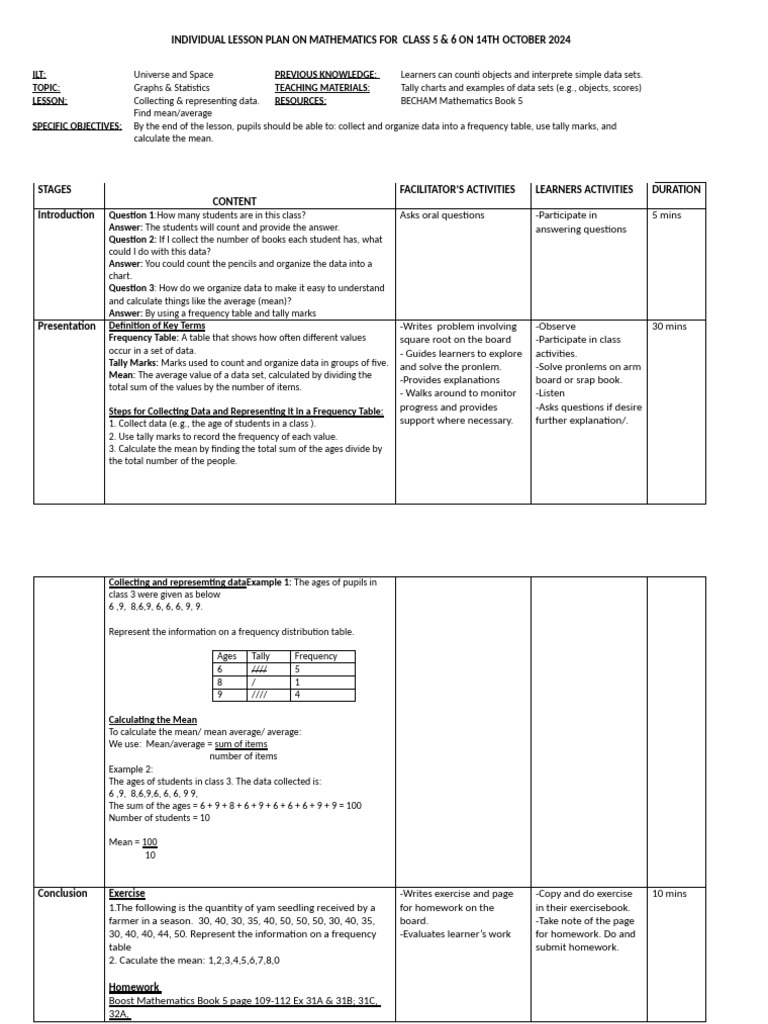 14 TH October 2024 MATHEMATICS COLLECTING AND REPRESENTING DATA, MEAN ...