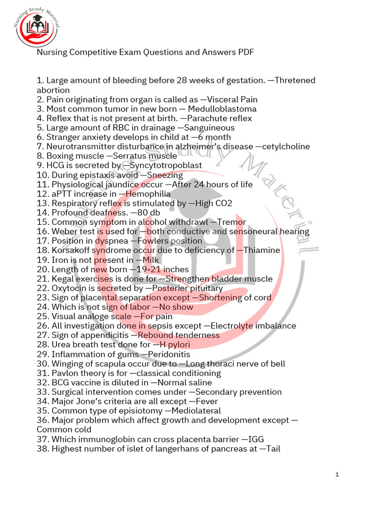 Nursing Competitive Exam Questions and Answers PDF | PDF | Causes Of ...