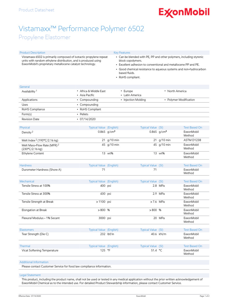 Vistamaxx™ 6502 Datasheet | PDF | Polyethylene | Polymers