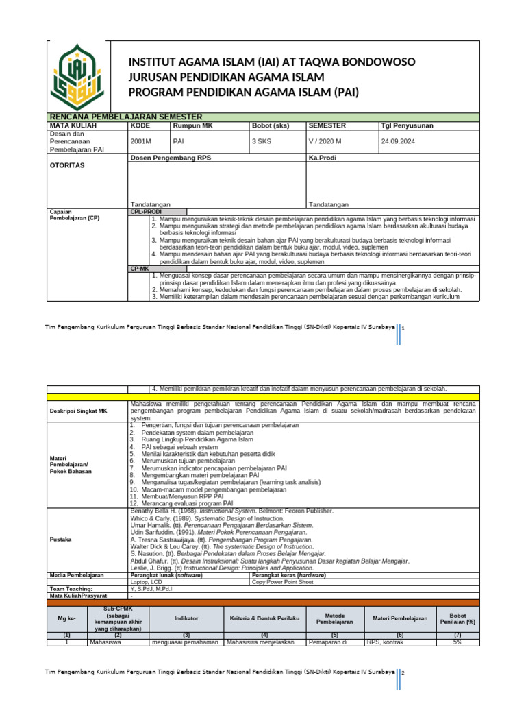 FORMAT RPS Desain & Perencanaan Pembelajaran PAI | PDF