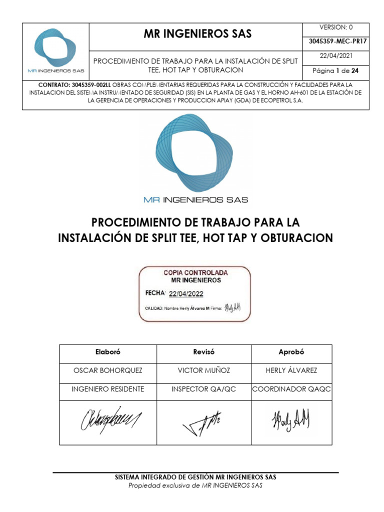 Instalación de Split Tee, Hot Tap y Obturacion_v0 Apiay | PDF ...