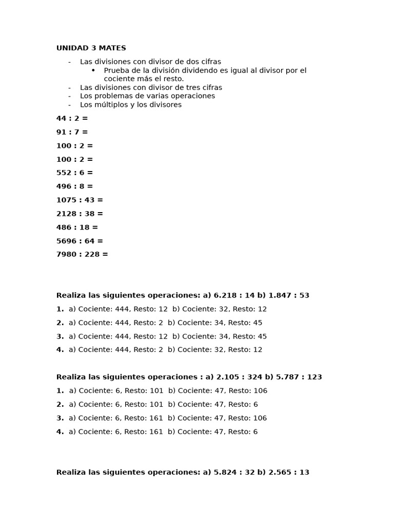 Unidad 3 Mates | PDF | División (Matemáticas) | Matemática Elemental