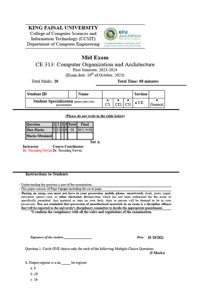 Midterm COA Oct 2023 - SET A | PDF | Computer Hardware | Computer Engineering