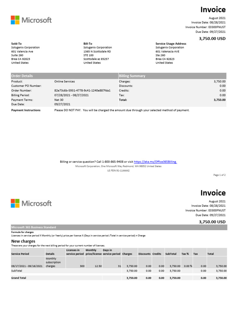 Microsoft 365 Invoice - August 2021 | PDF | Invoice | Payments